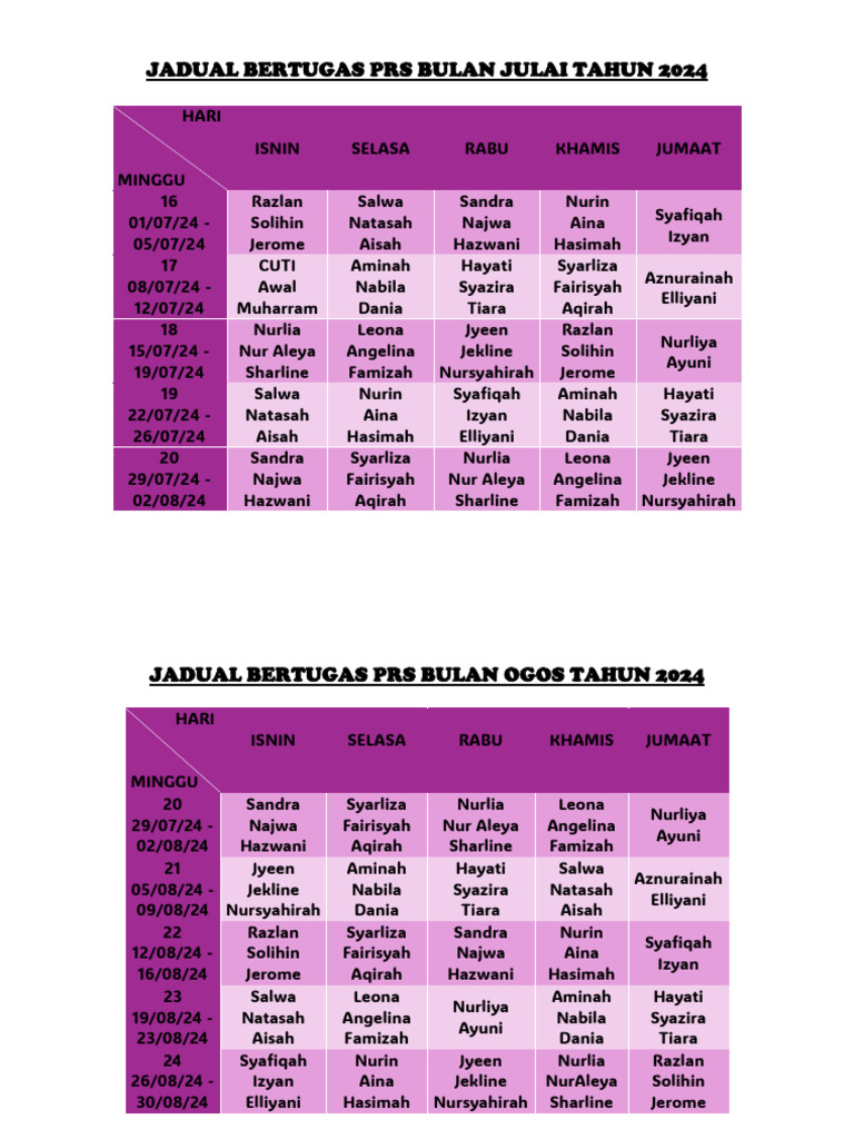 Jadual Bertugas PRS Bulan Julai Dan Ogos Tahun 2024 | PDF
