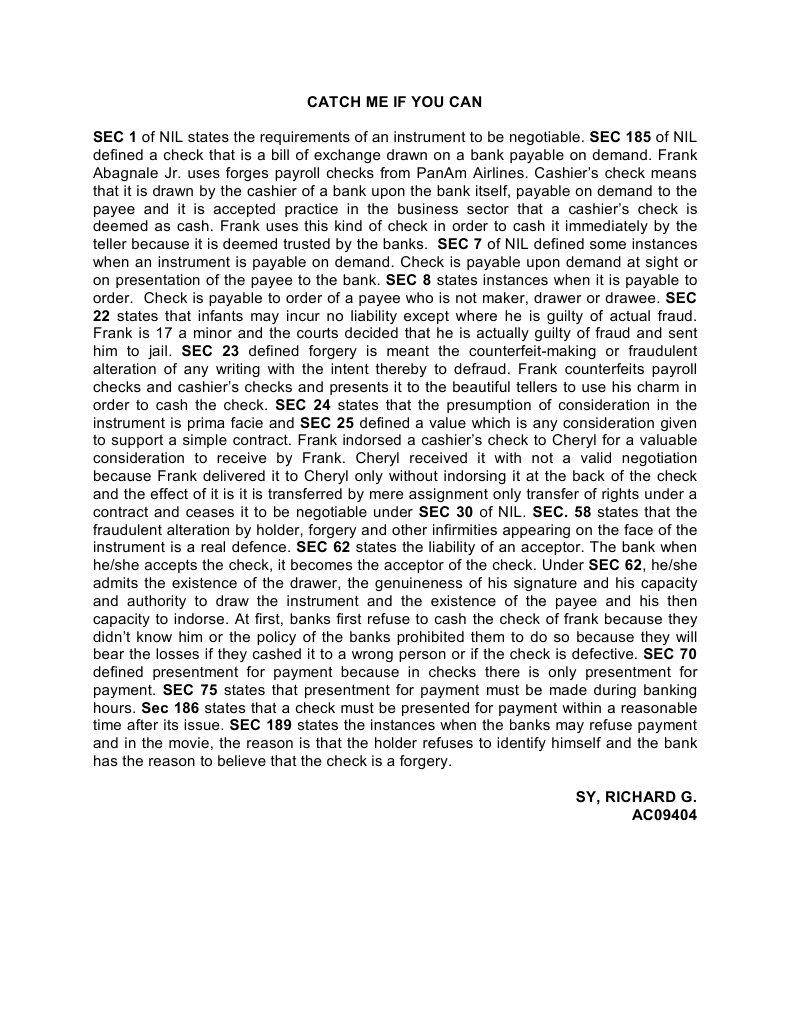 Catch Me If You Can Movie Review | PDF | Cheque | Private Law