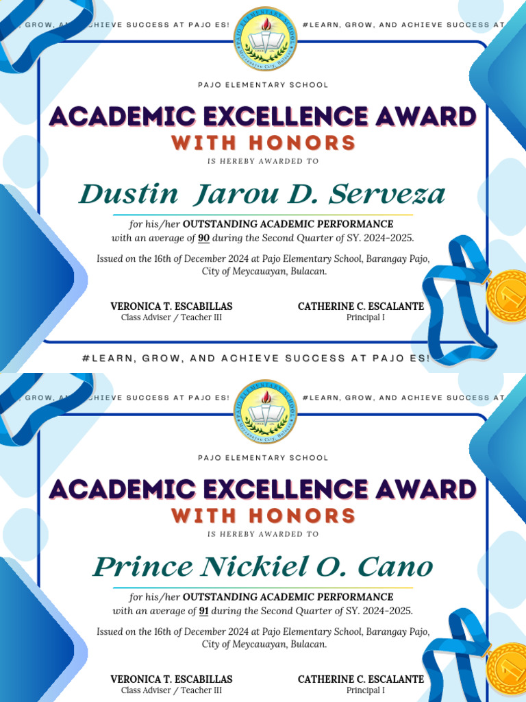 Academic Excellence Awards at Pajo ES | PDF