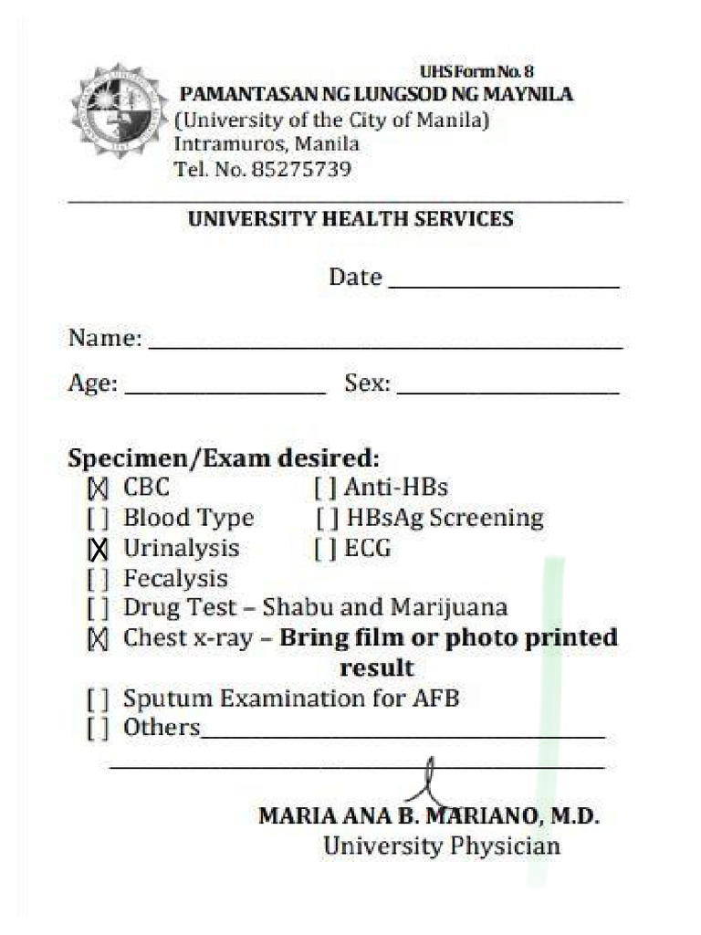 UHS-Form-8-Laboratory-Request-Form-CXRCBCUA (1) | PDF