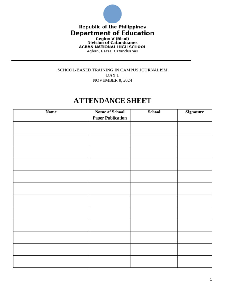 Attendance Sheet School Based Training at Agban in Campus Journ | PDF