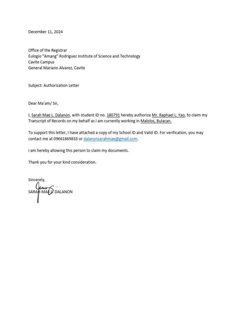 AUTHORIZATION LETTER FOR TOR | PDF