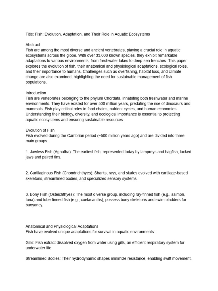 Fish- Evolution, Adaptation, And Their Role in Aquatic Ecosystems | PDF ...