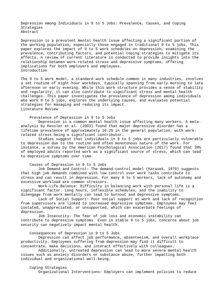 Depression Among Individuals in 9 To 5: Jobs Prevalence, Causes, and ...