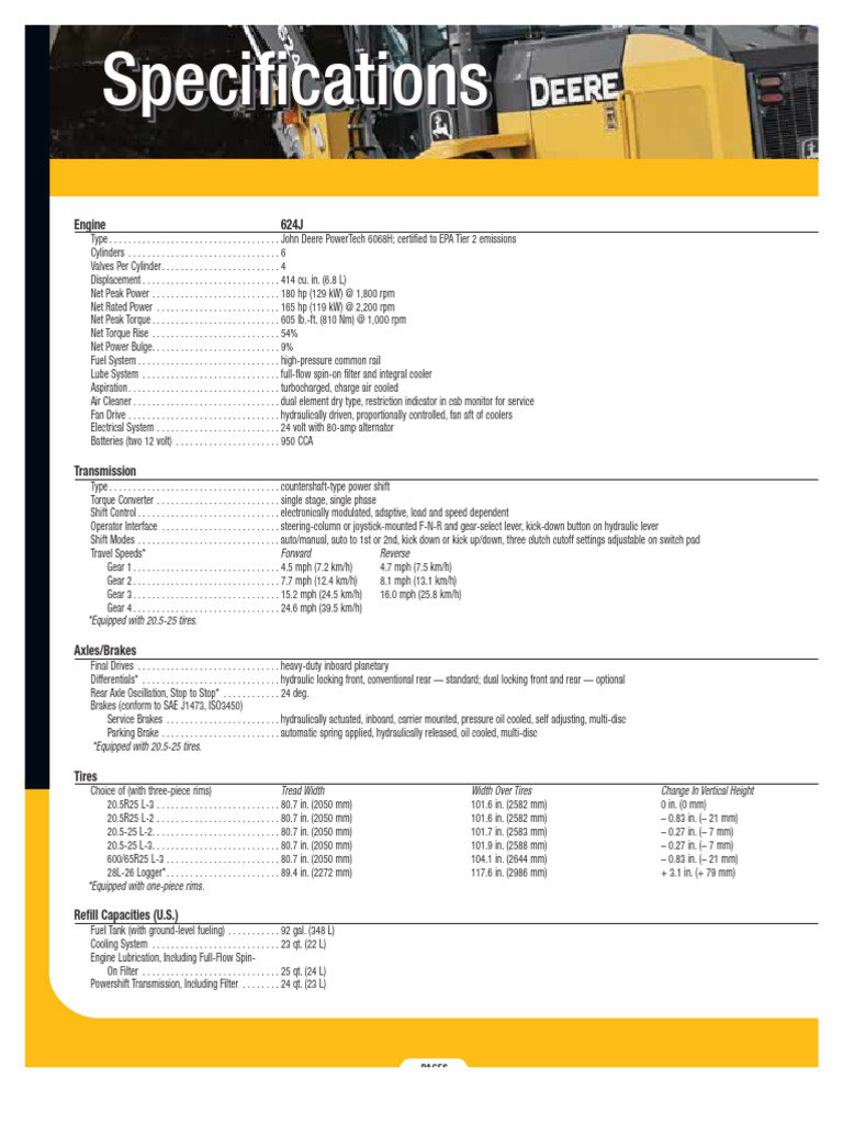John Deere 624J Specifications Guide | PDF | Loader (Equipment) | Vehicles