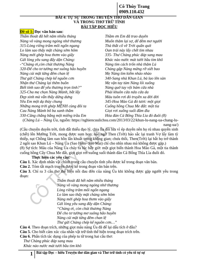 24 25. 1. Hs Bt Doc Hieu Truyen Tho Dg Tho Co Yeu to Tu Su 2 | PDF