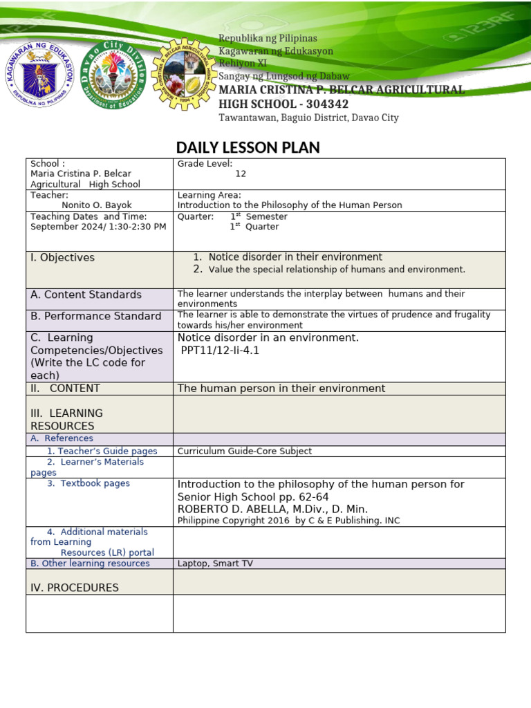 Lesson Plan Wk. 4.1 | PDF | Lesson Plan | Cognition