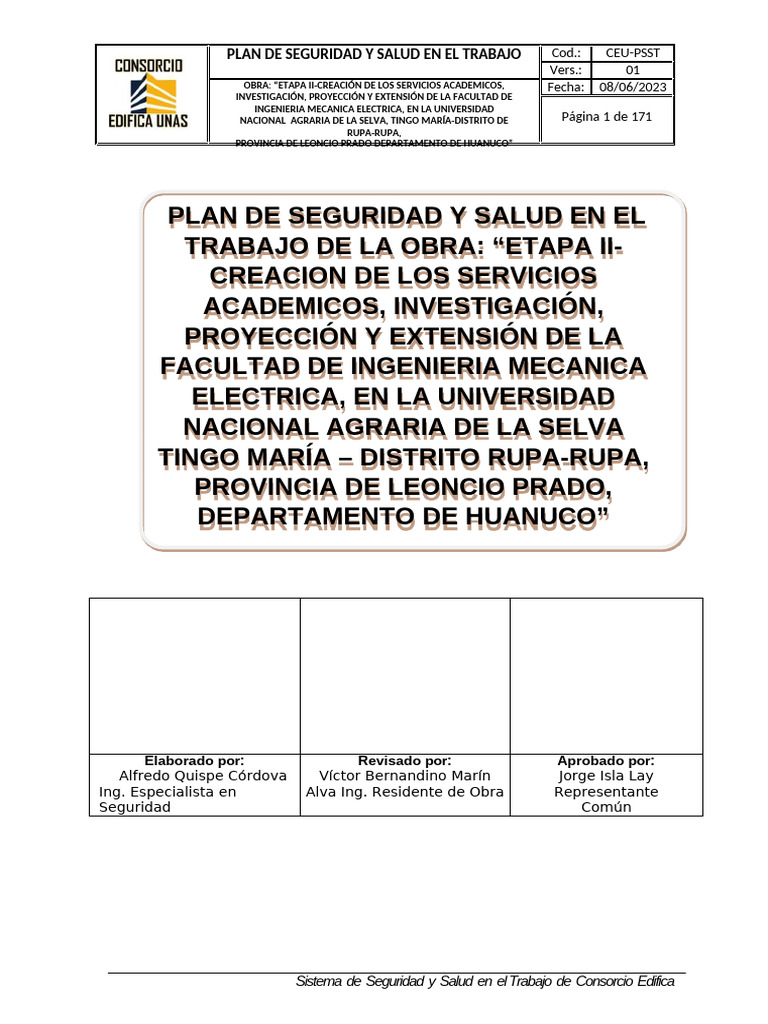 PLAN DE SEGURIDAD Y SALUD EDIFICA UNAS (1) | PDF | Seguridad y salud ocupacional | Ingeniería