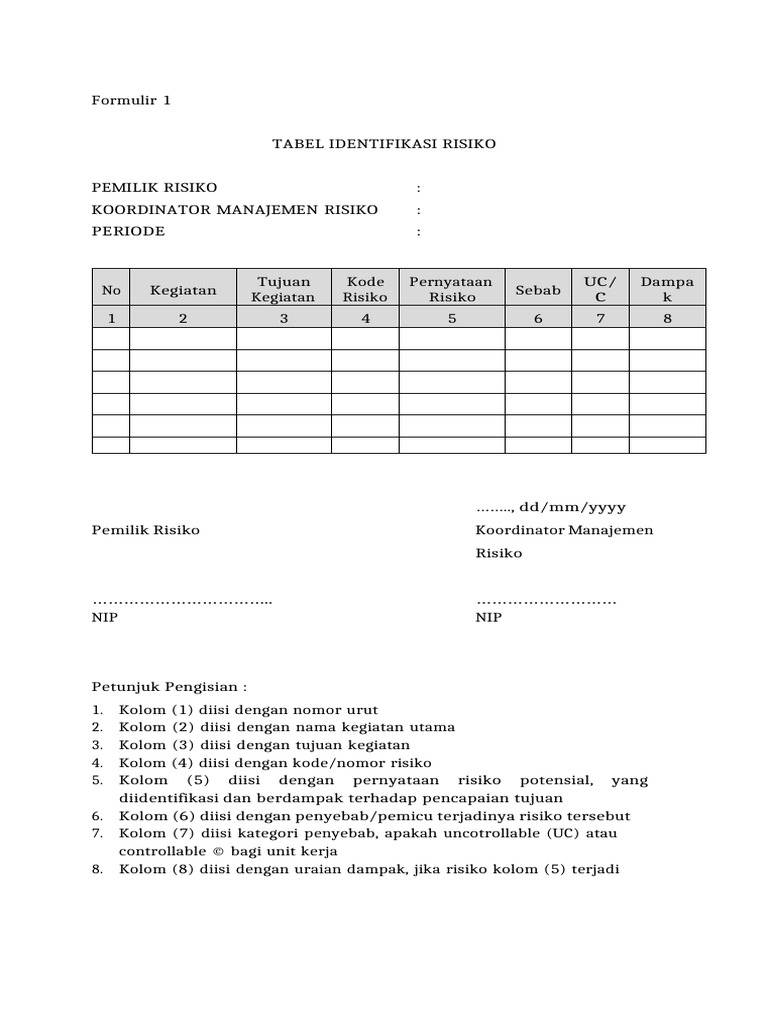 Formulir 1 TABEL IDENTIFIKASI RISIKO | PDF