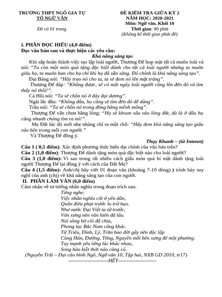 De Dap An Kiem Tra Giua Ki Ii Van 10 | PDF