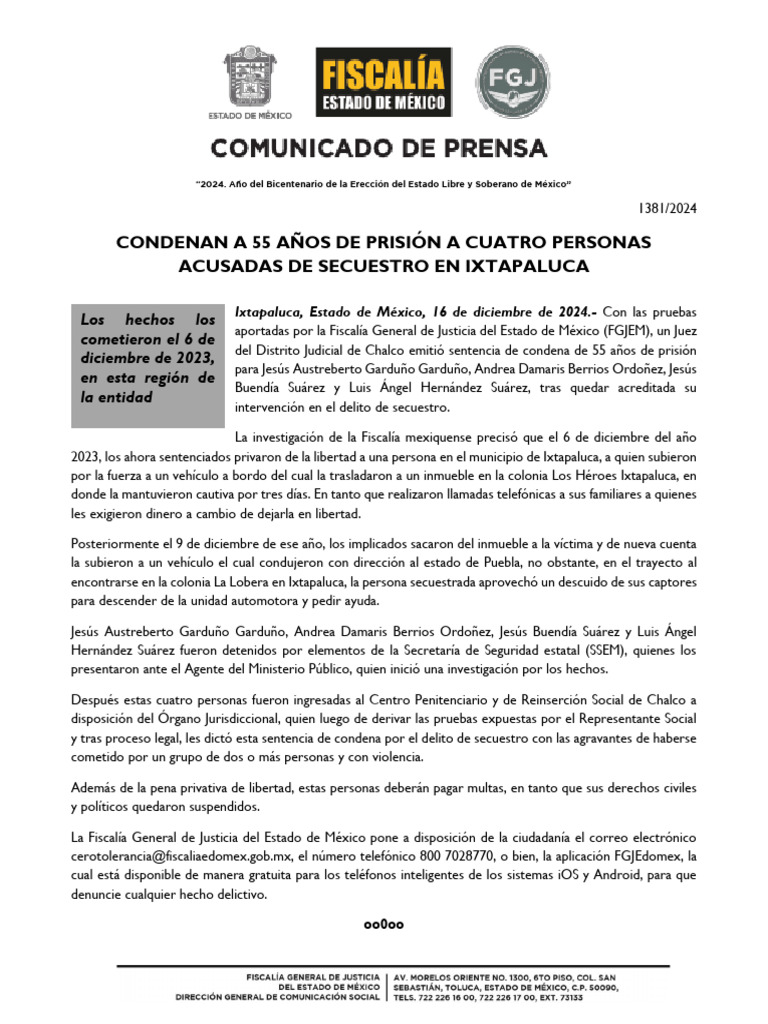 COMUNICADO 1381 2024 | PDF | Secuestro | Prisión