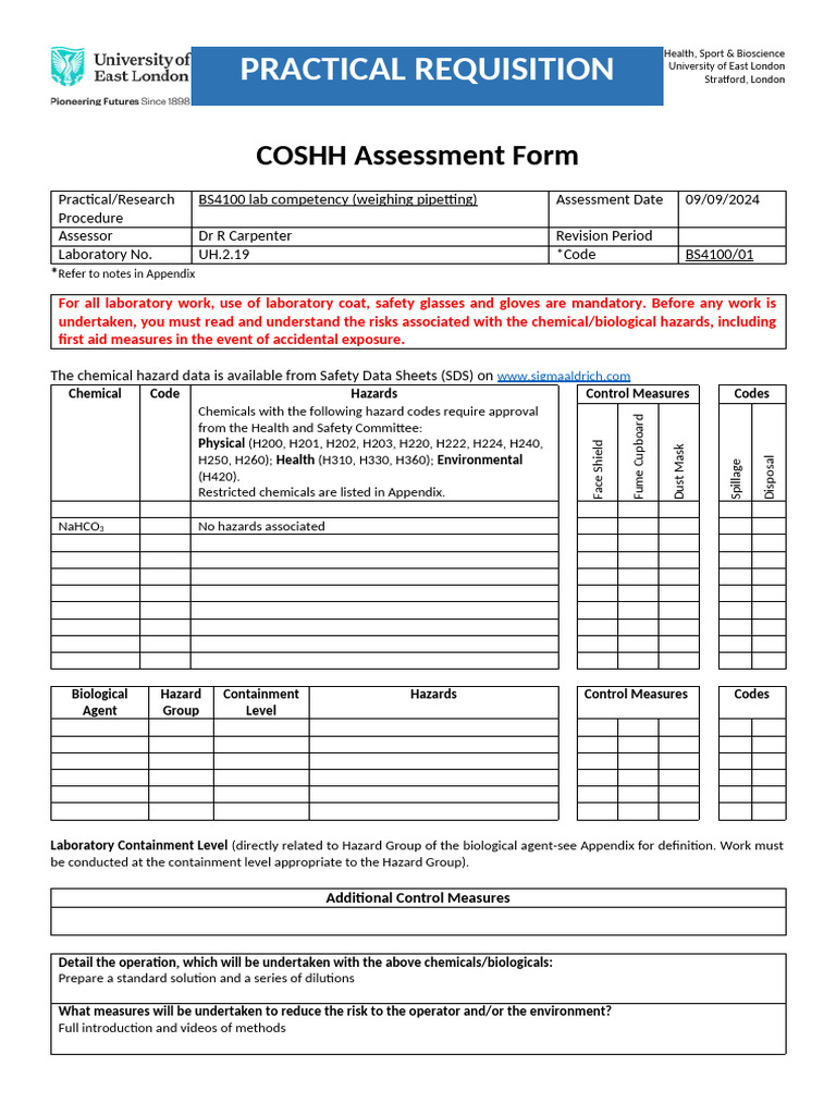 Lab Competency Prac COSHH and RA | PDF | Hazards | Laboratories