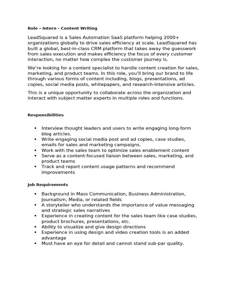 JD - Intern - Content Writer | PDF