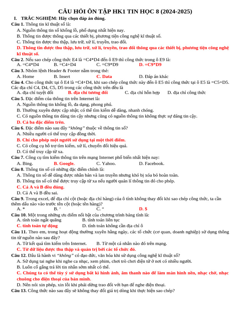 ĐỀ CƯƠNG HK1 TIN 8 (24-25) | PDF