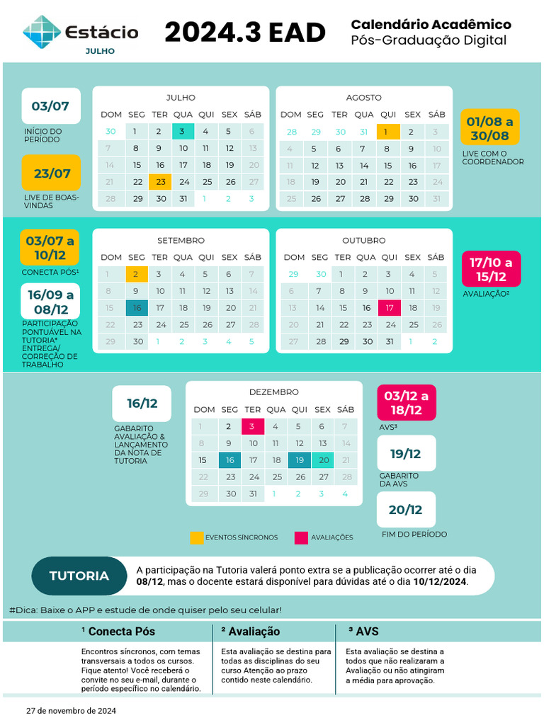 Calendário Acadêmico 2024.3 EAD Pós Estácio - Aluno 27.11 | PDF ...