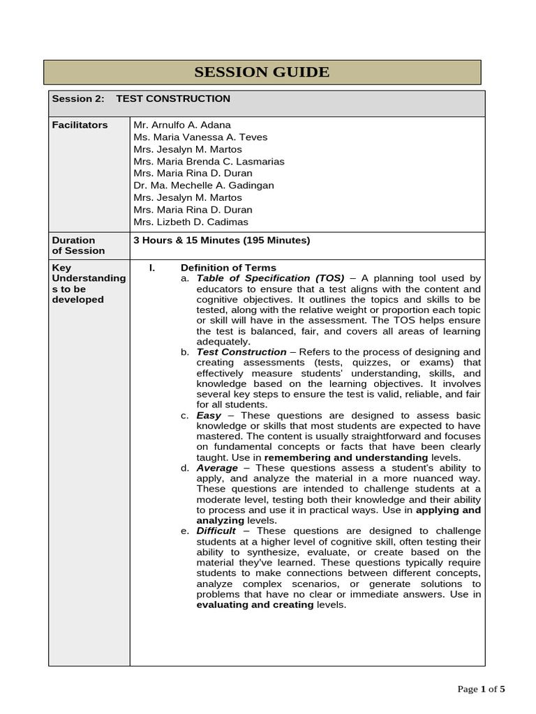 Session Guide TEST CONSTRUCTION | PDF | Learning | Information