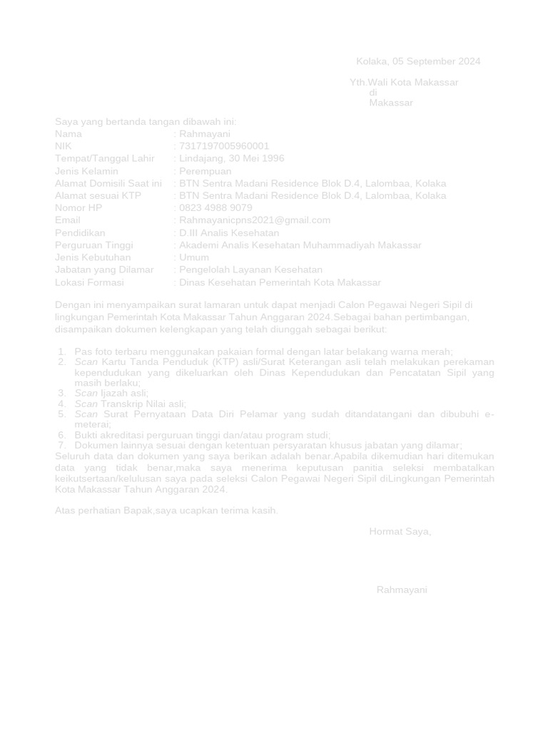 Format-Surat-Lamaran-CPNS-pemkot-makassar-2024 | PDF