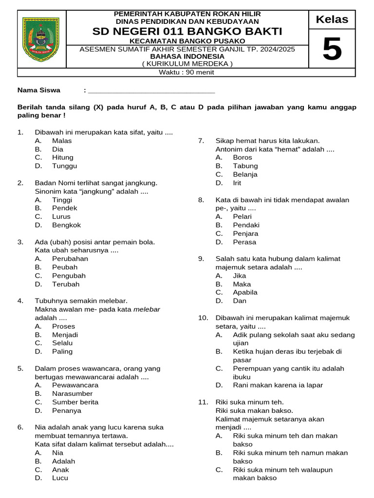 Format Soal Asesmen Sumatif Kls 5 B.Indonesia | PDF