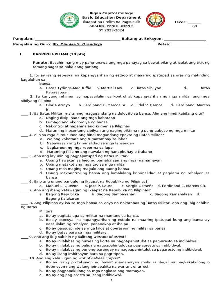 AP 6 4th Prelim TQ | PDF