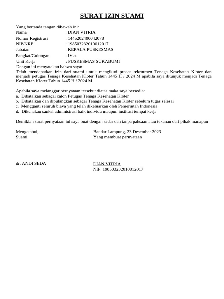 Surat Izin Suami untuk Rekrutmen Tenaga Kesehatan | PDF