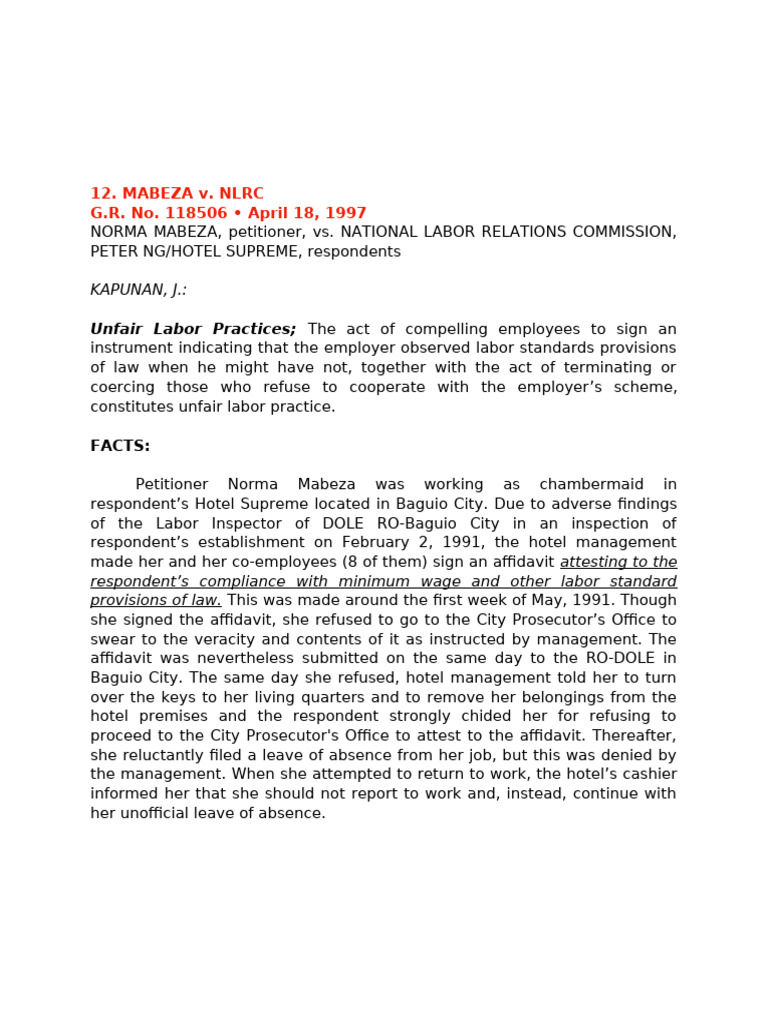 MABEZA v. NLRC Case Digest | PDF | Cost Of Living | Employment
