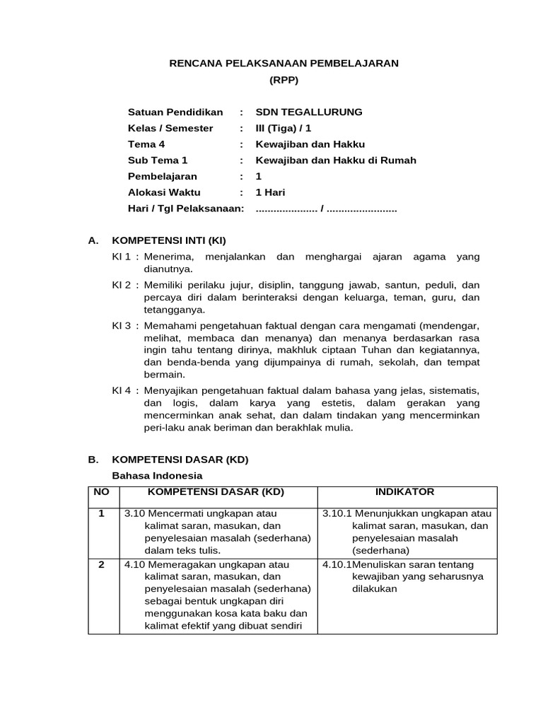 RPP K3 Tema 4 ST 1 Rev. 2018 | PDF