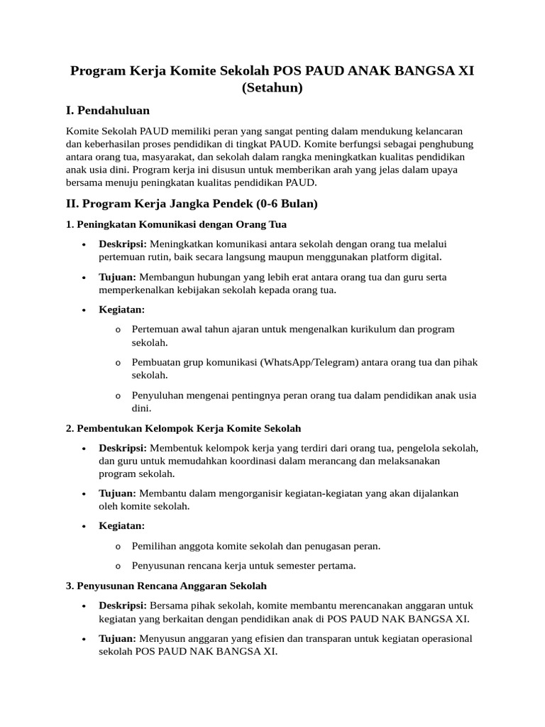 Program Kerja Komite Sekolah POS PAUD ANAK BANGSA XI | PDF