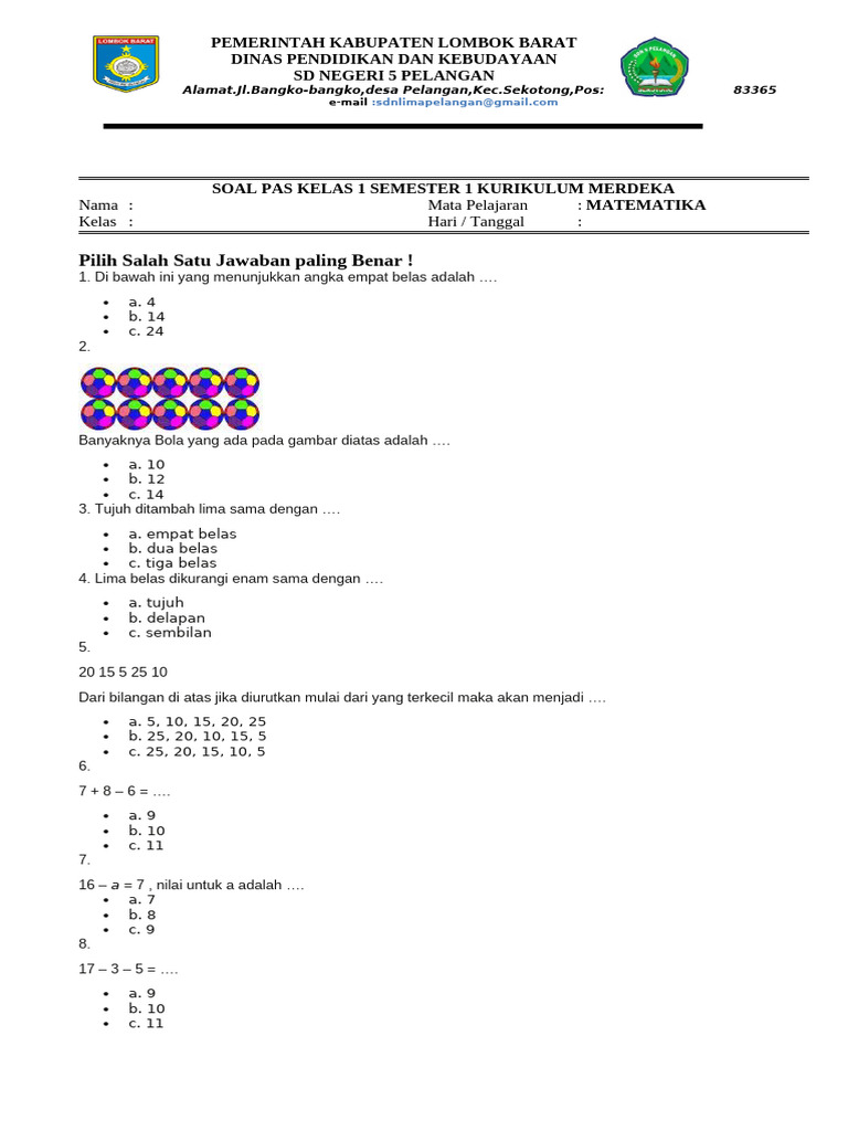 Soal SAS MTK KLS 1 Sem 1 | PDF
