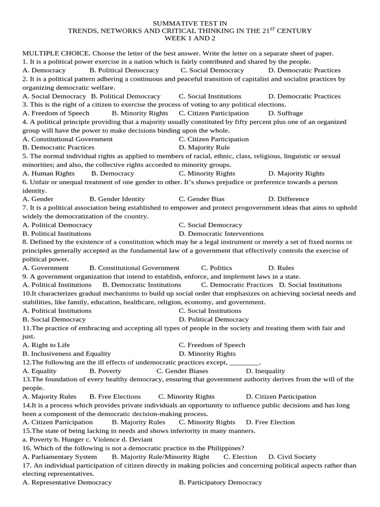 21st Century Trends Test | PDF | Democracy | Political Ideologies