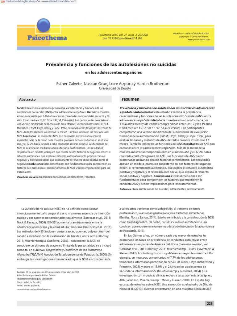 CALVETE FASM - En.es | PDF | Autolesiones | Suicidio