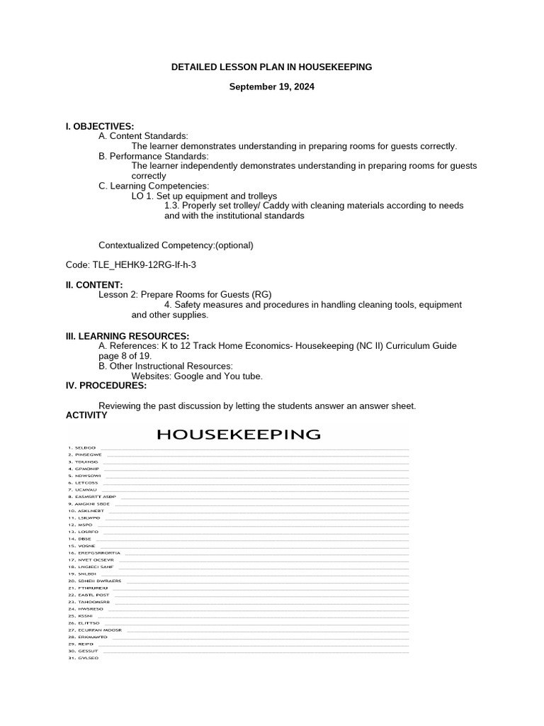 DETAILED LESSON PLAN IN HOUSEKEEPING september 19, 2024 | PDF | Vacuum ...