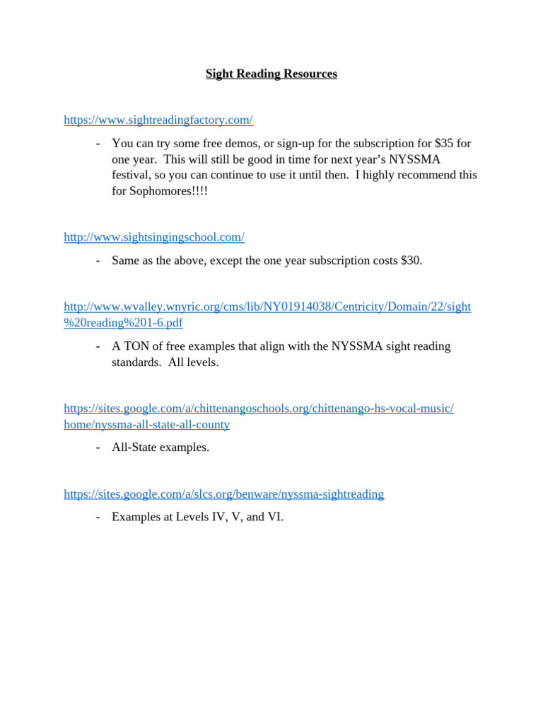 NYSSMA Sight Reading Resources | PDF