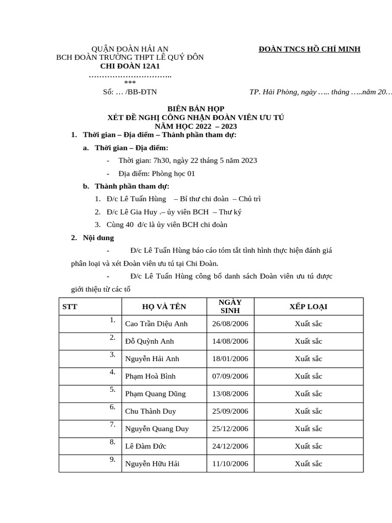 Bien Ban Chi Doan a1 2 | PDF