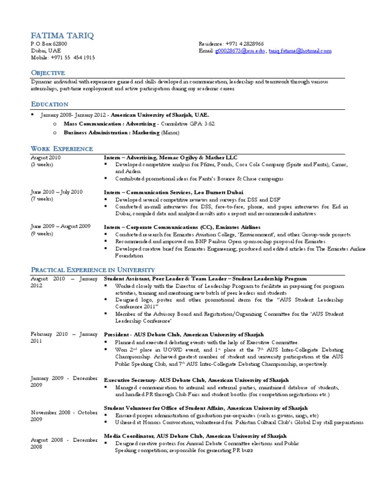 Fatima Tariq CV | PDF | American University | Internship