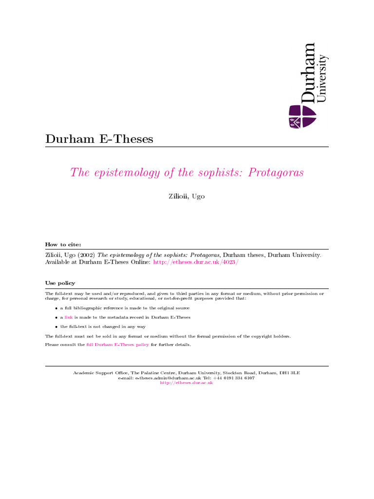 Zilioii, Ugo - The Epistemology of The Sophists - Protagoras (Theses) | PDF | Plato | Epistemology