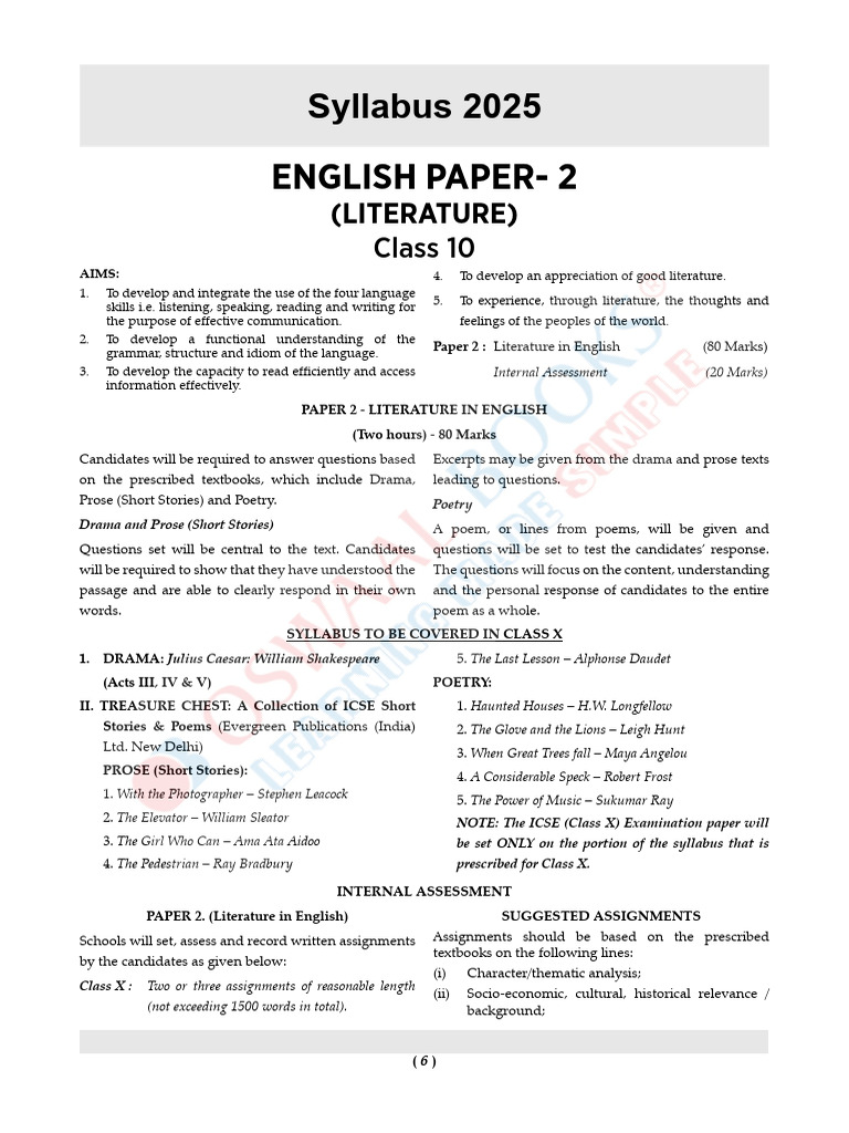 ICSE 10 English 2 Syllabus 27fa00b5 1cd2 4278 a0c0 20ada1c492ce | PDF ...