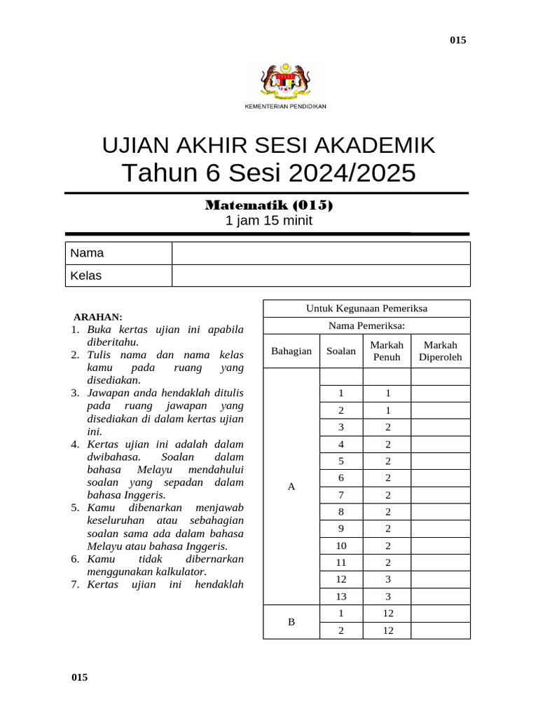 Format Uasa Tahun 6 2024-25 Kumpulan 6B - Final | PDF