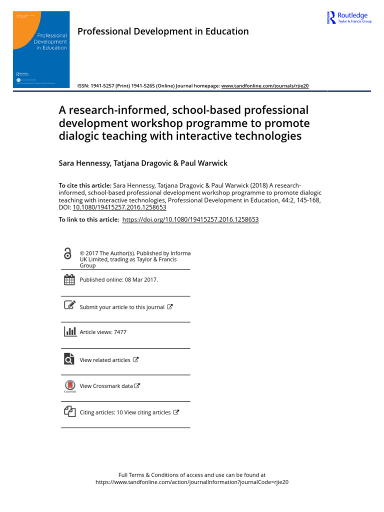 A Researchinformed Schoolbased Professional Development Workshop Programme to Promote Dialogic ...