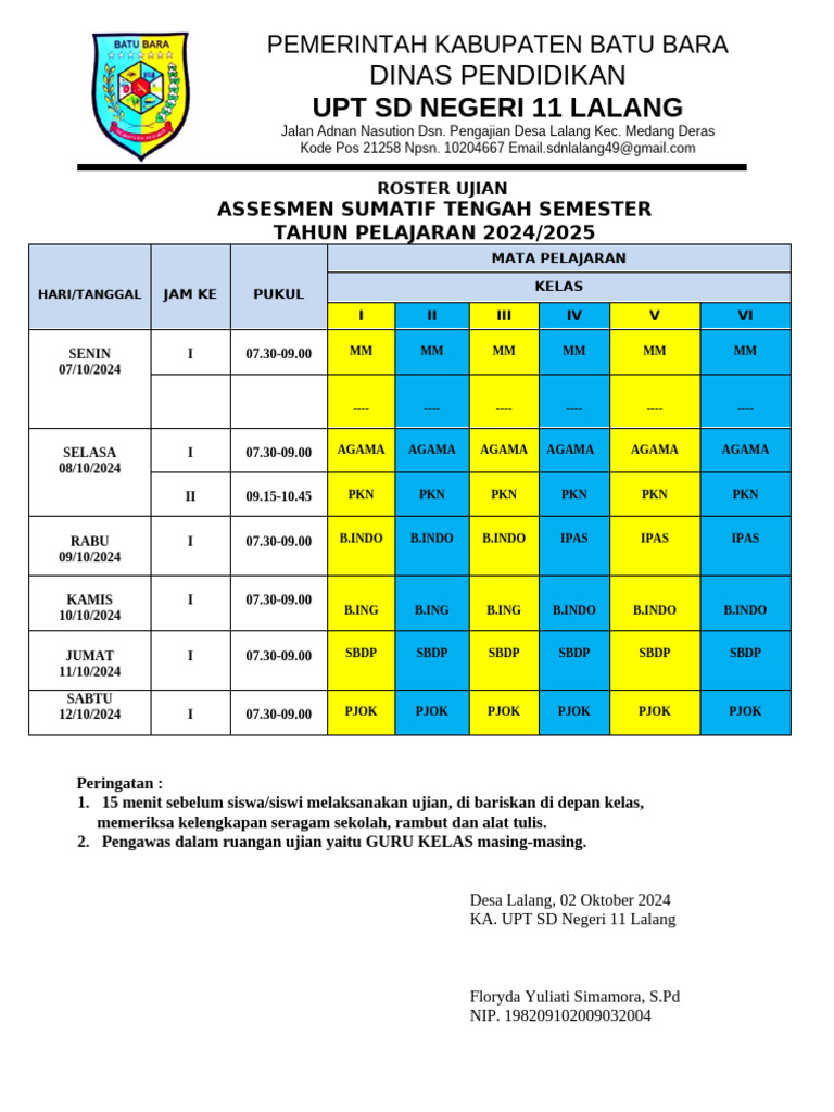 Jadwal Ujian Assesmen Sumatif Tengah Semester Tahun 2024 (1) | PDF