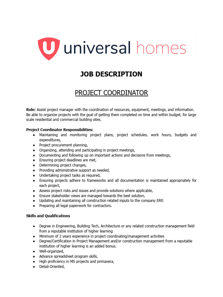 JD-Project Coordinator | PDF | Construction Management | Project Management