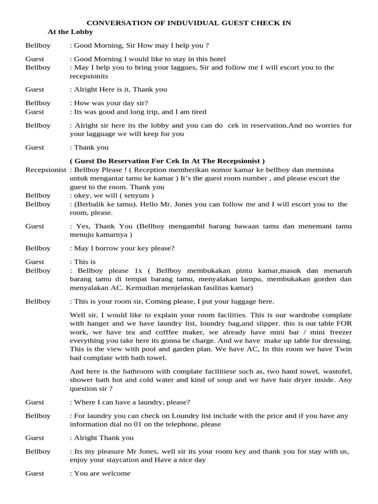 Guest Check-In Conversation Script | PDF | Hospitality Industry | Hotel