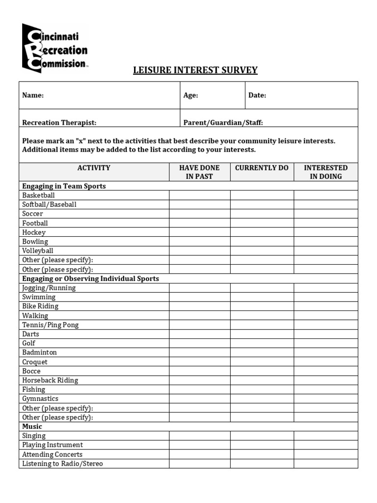 interest checklist | PDF | Recreation | Leisure