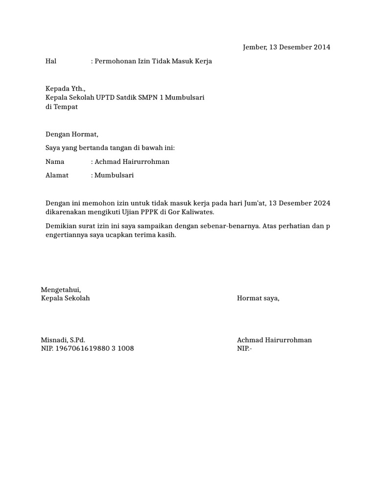 Surat Ijin Tidak Masuk Kerja | PDF