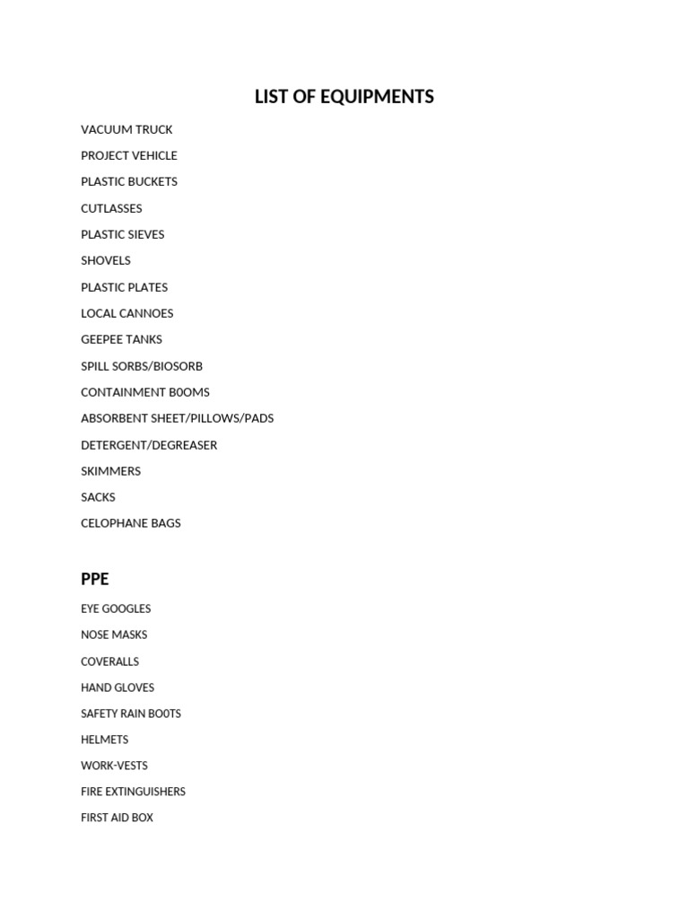 List of Equipment | PDF