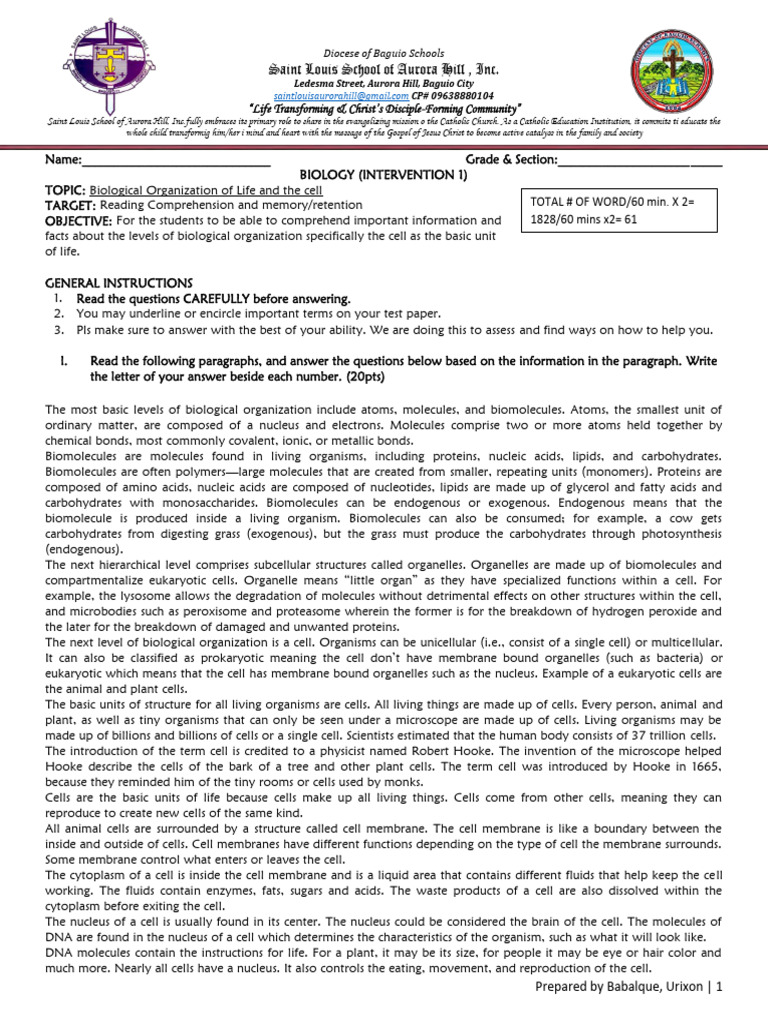 Science Intervention 1 Biology | PDF | Cell (Biology) | Chloroplast
