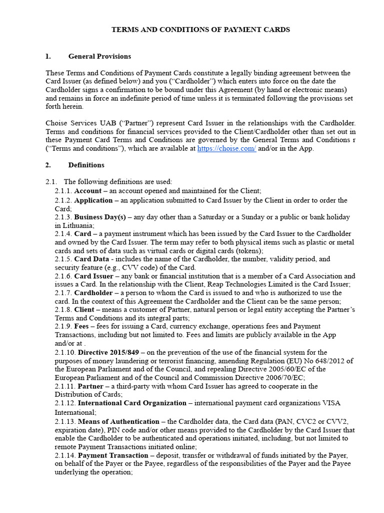 Choise Terms and Conditions of Payment Cards | PDF | Payments ...