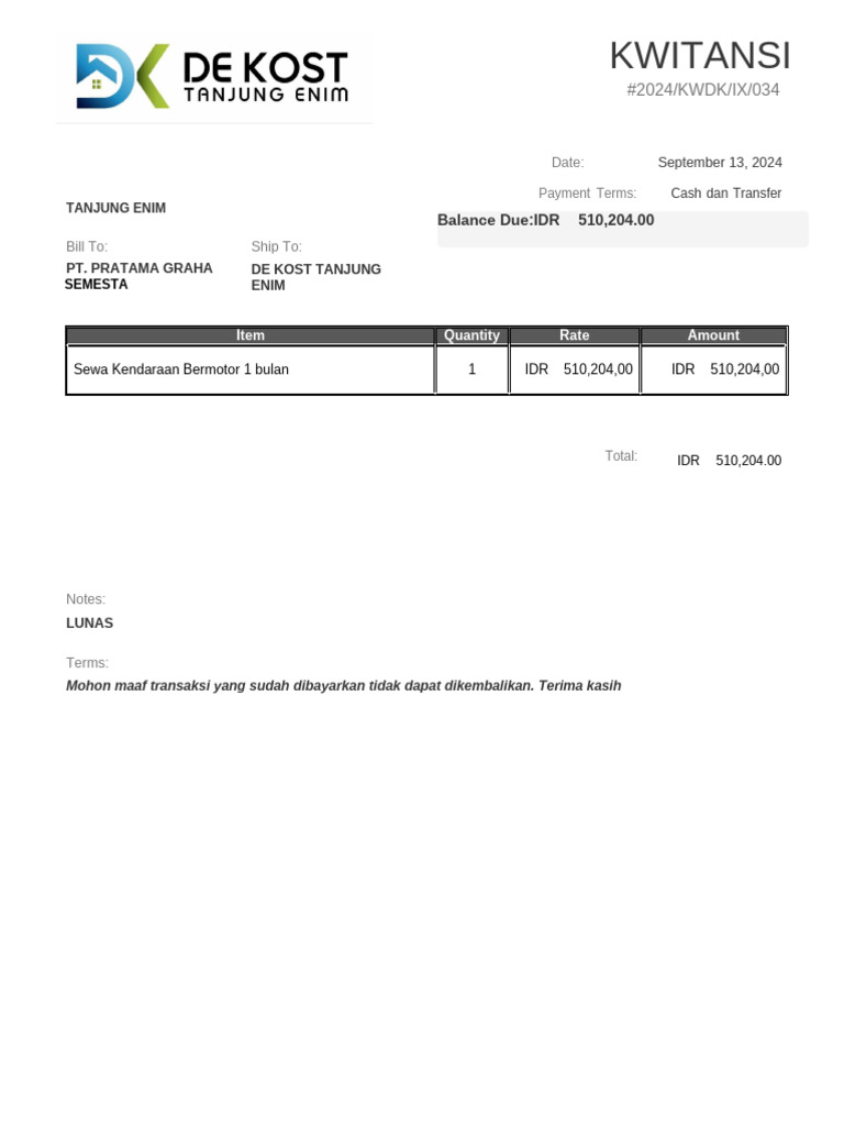 2024-KWITANSI DE KOST SEPTEMBER MOTOR | PDF