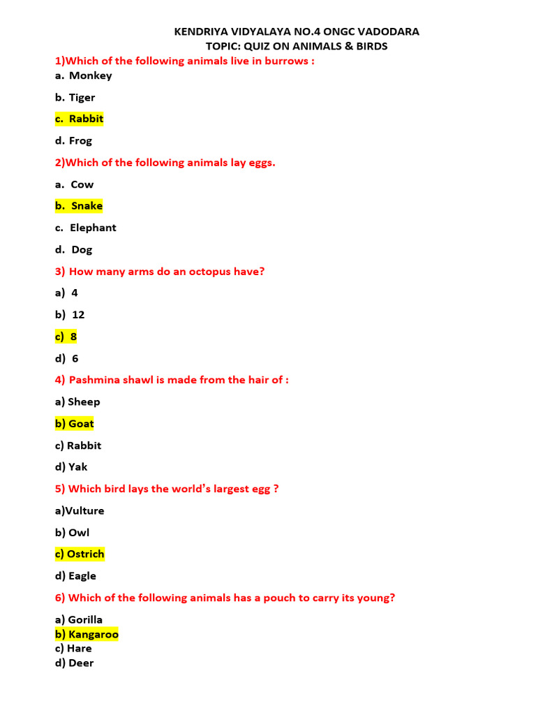 Quiz On Animals & Birds (Answer Key) - SUJA PRASAD | PDF | Birds