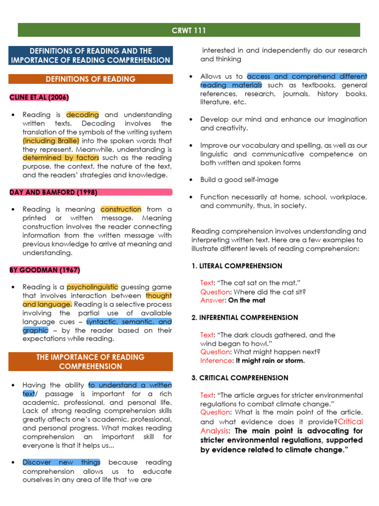 Crwt111 Prelims Reviewer | PDF | Reading Comprehension | Thought
