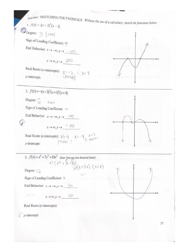 Practice SKETCHING POLYNOMIALS Without The Use of A Calculator, Sketch The Functions Below. | PDF